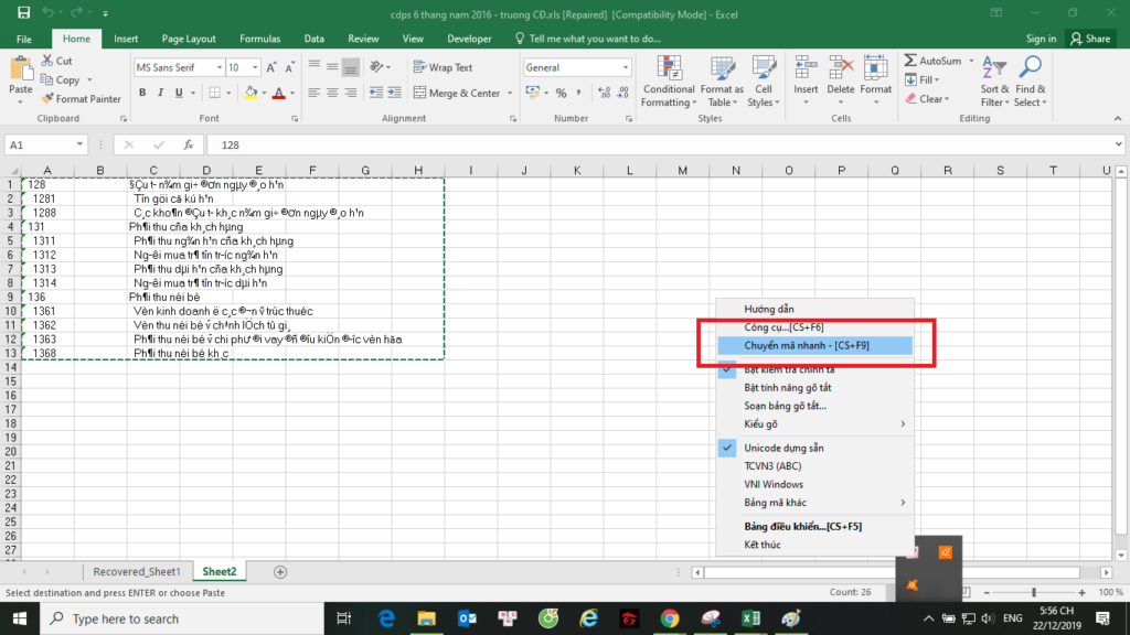 Hướng dẫn chuyển đổi font chữ xử lý File Excel bị lỗi Font
